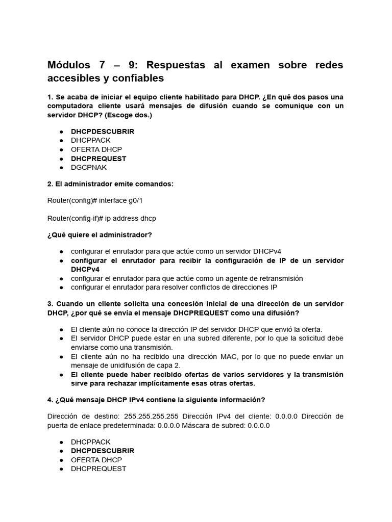Módulos 7 – 9 Respuestas al examen sobre redes accesibles y confiables | PDF | Dirección IP ...
