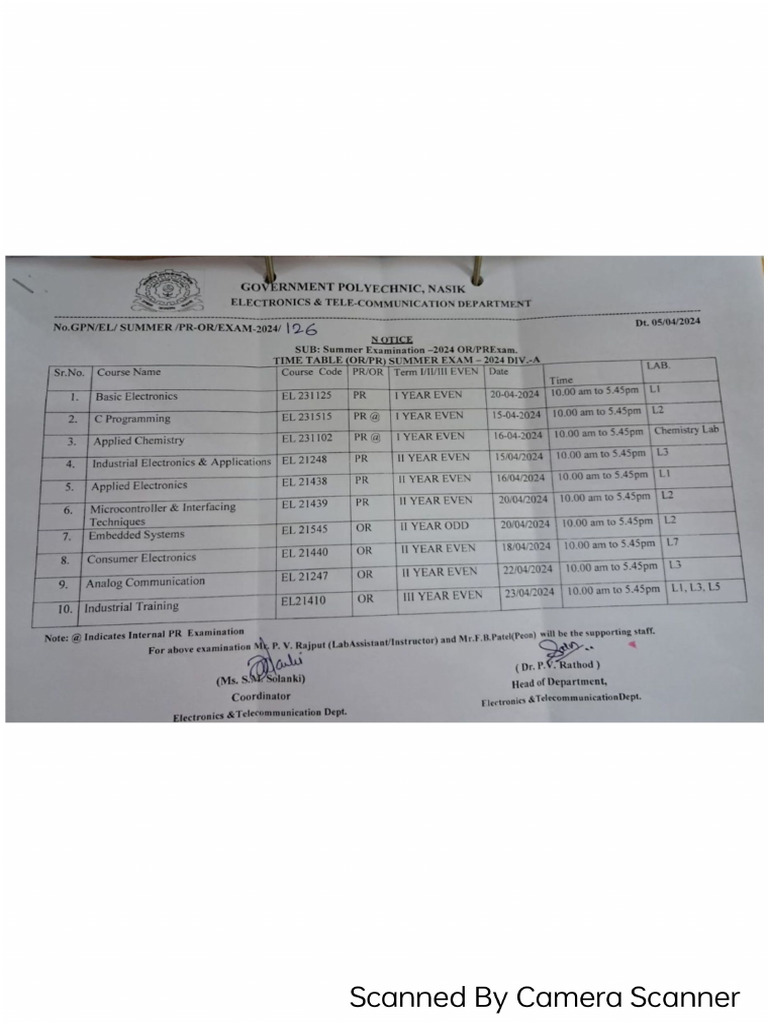 Time Table For Summer 2024 PR or Exam I, II and III Year Div. A and Div ...