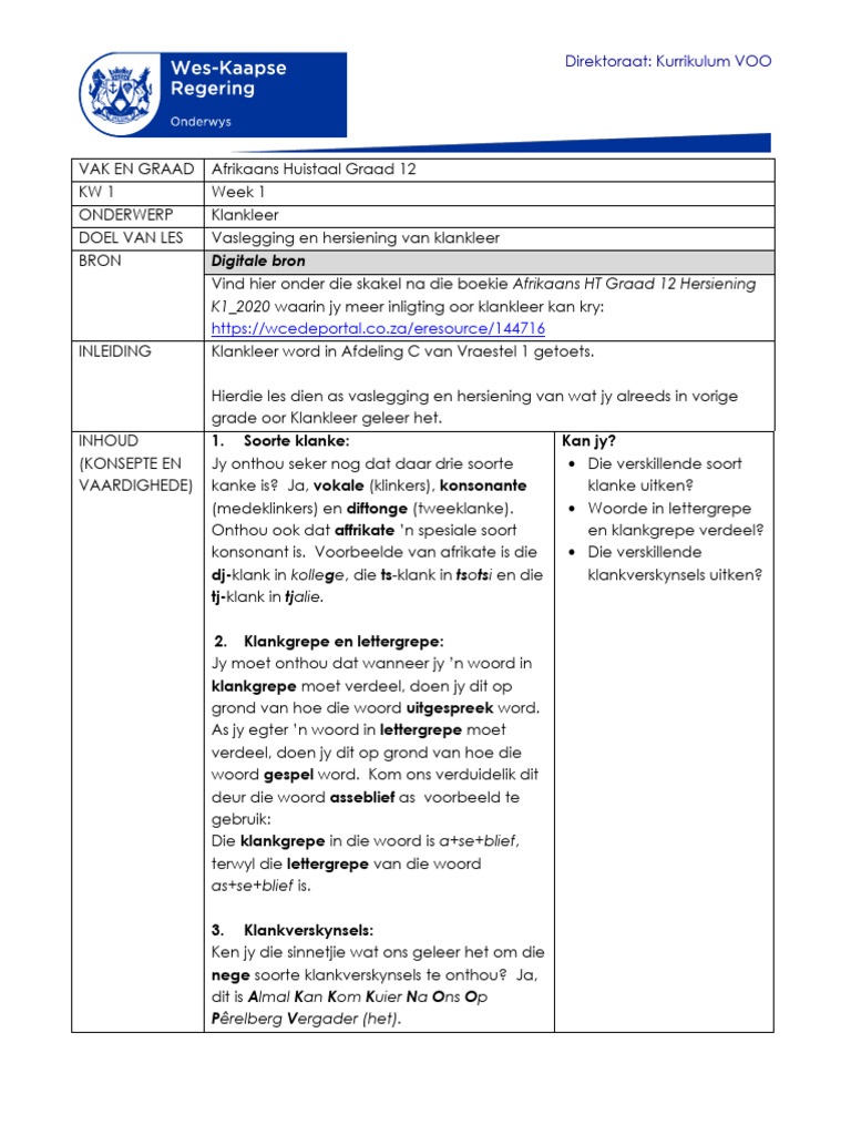Afrikaans HT Graad 12 Kwartaal 1 Week 1 - 2021 | PDF