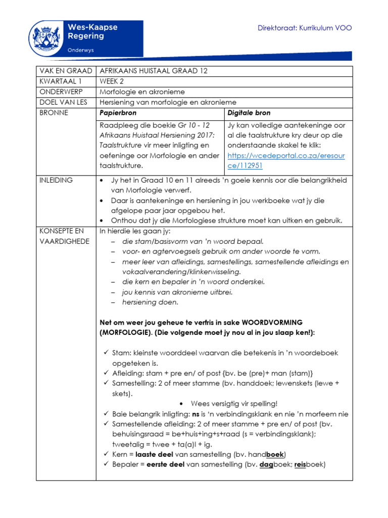 Afrikaans HT Graad 12 Kwartaal 1 Week 2 - 2021 | PDF