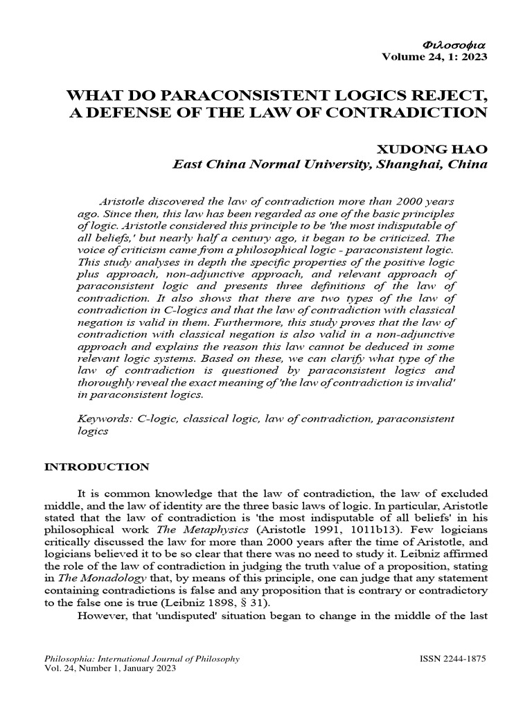 Hao - What Do Paraconsistent Logics Reject - Defense of The Law of Contradiction | PDF | Logic ...