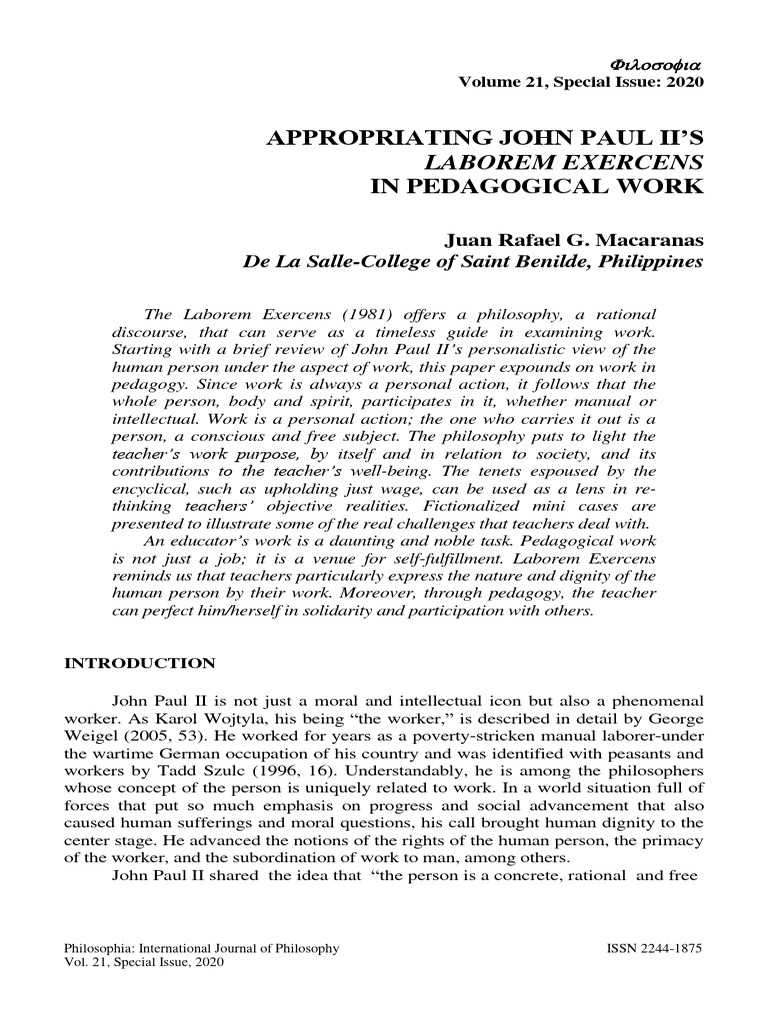 Macaranas - Appropriating John Paul 2 Laborem Exercens in Pedagogical Work | PDF | Soul | Teachers
