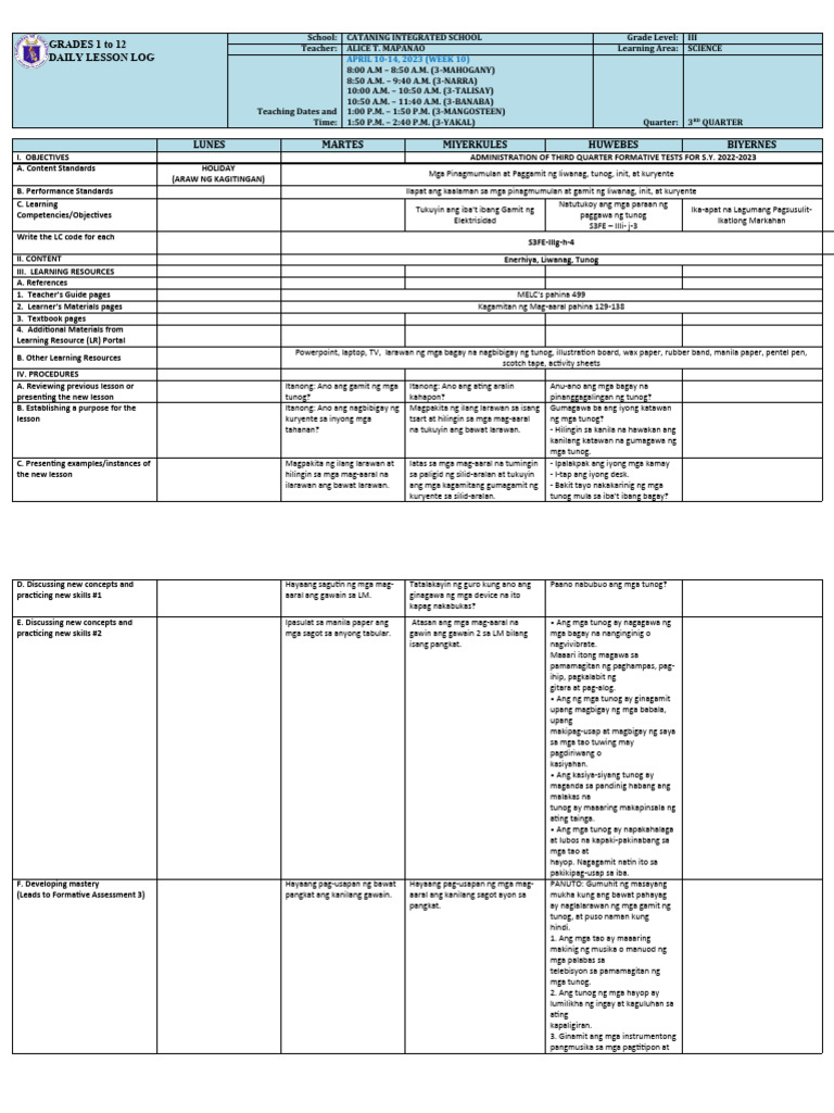 DLL - Science 3 - Q3 - W10 | PDF