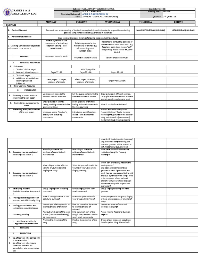 DLL - Mapeh 3 - Q3 - W9 | PDF | Learning | Teachers