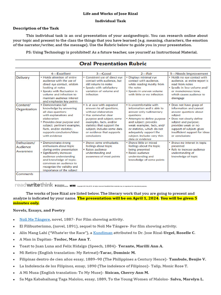 Life and Works of Jose Rizal Engla Individual Task | PDF | Foreign Language Studies | General ...