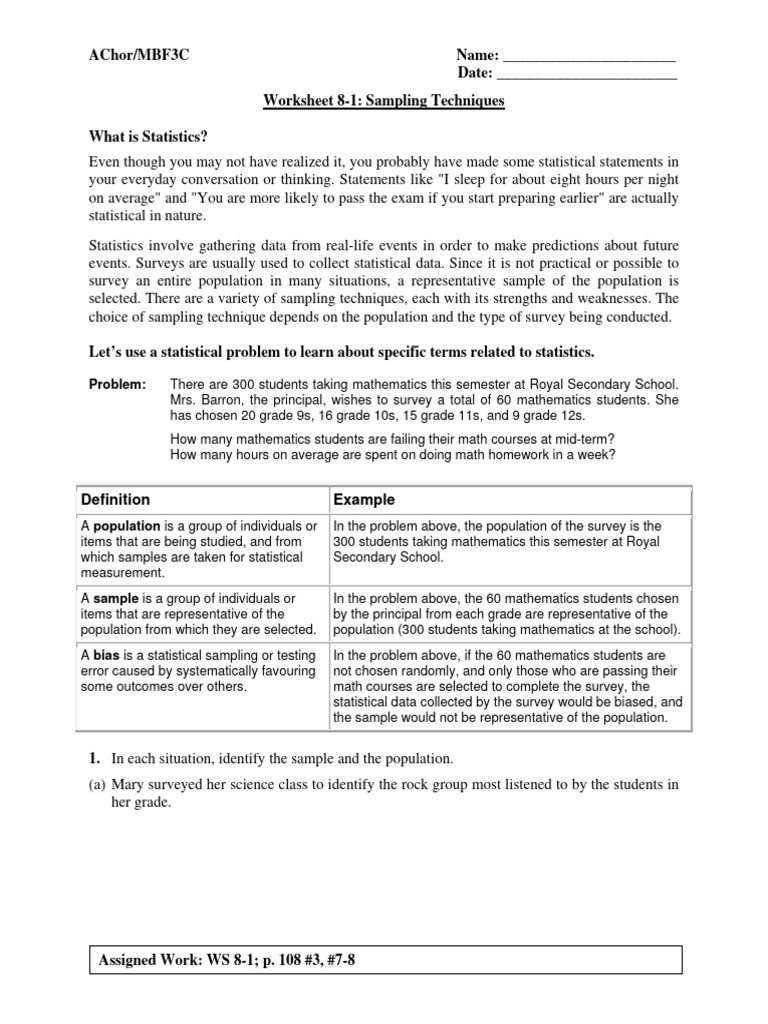 ws8-1 Sampling Techniques | PDF | Sampling (Statistics) | Statistics