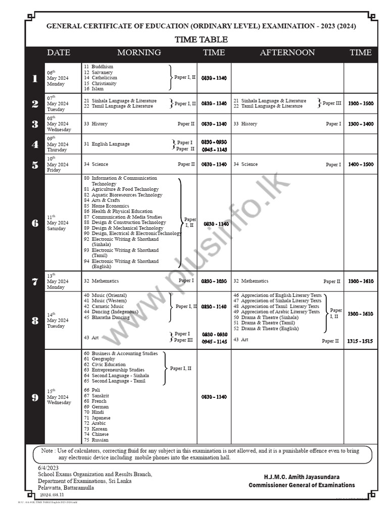 Timetable For GCE Ordinary Level (OL) Examination 2023 (2024) - WWW ...