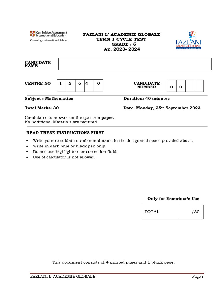 Grade 6 Mathematics Term 1 Test | PDF