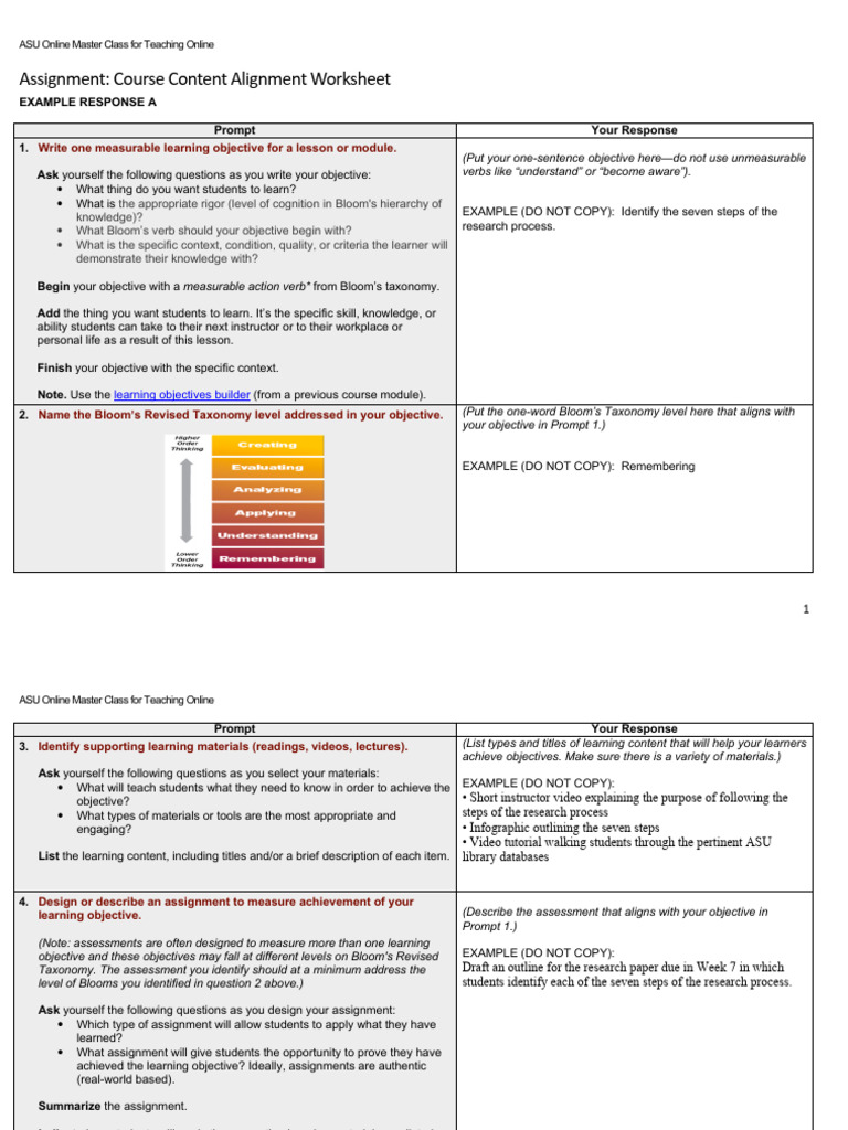 ExampleComplete Content Alignment Worksheet | PDF | Learning | Knowledge