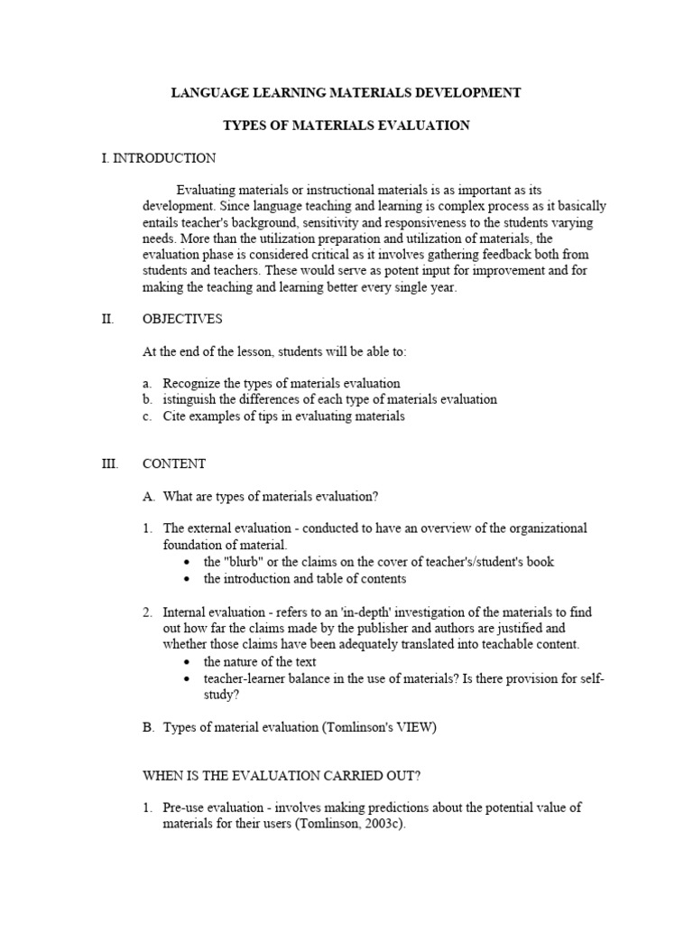 Types of Materials Evaluation LLMD | PDF | Evaluation | Learning