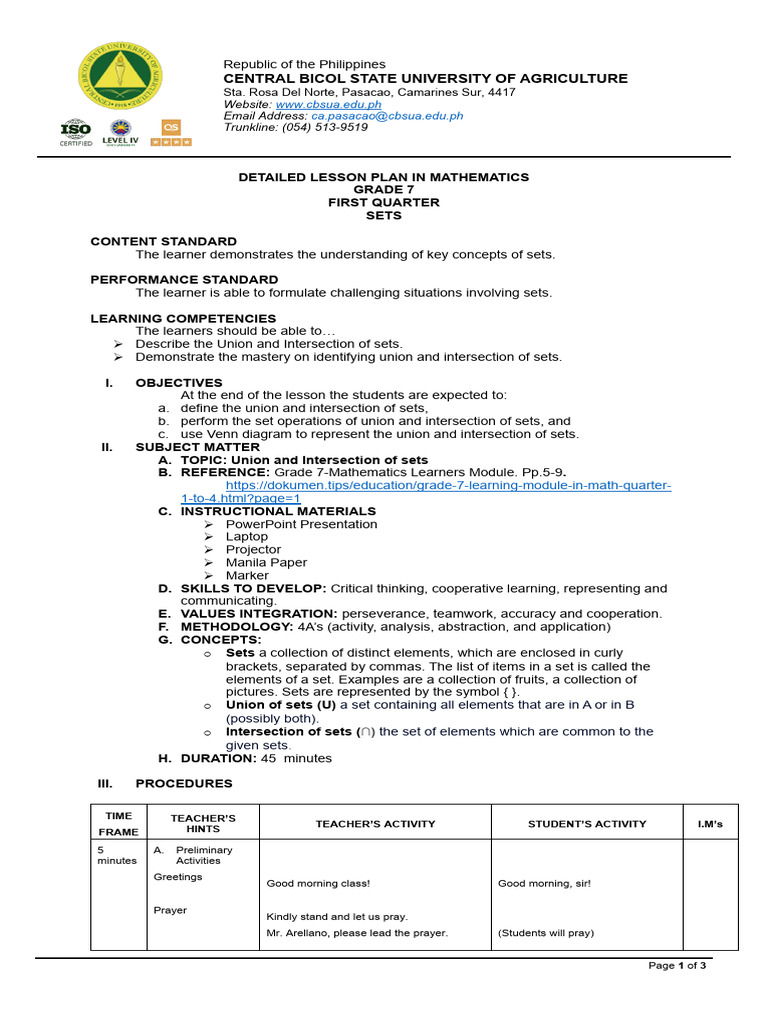 Detailed Lesson Plan1 in Mathematics-Sets | PDF | Learning | Cognitive Science