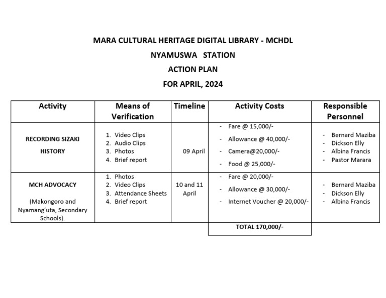 Action Plan MCH Nyamuswa | PDF