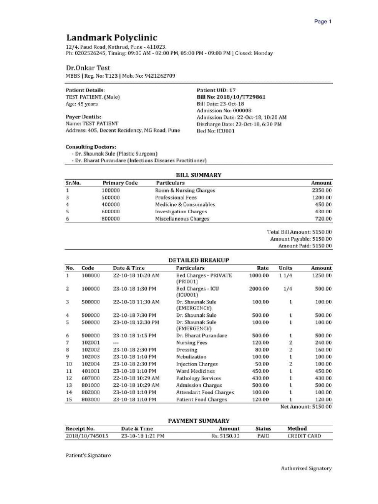 Sample Hospital Software Bill MyOPD Beds | PDF