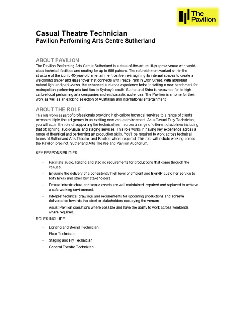 Casual Theatre Technician Role Updated 1 | PDF | Art | Technology ...