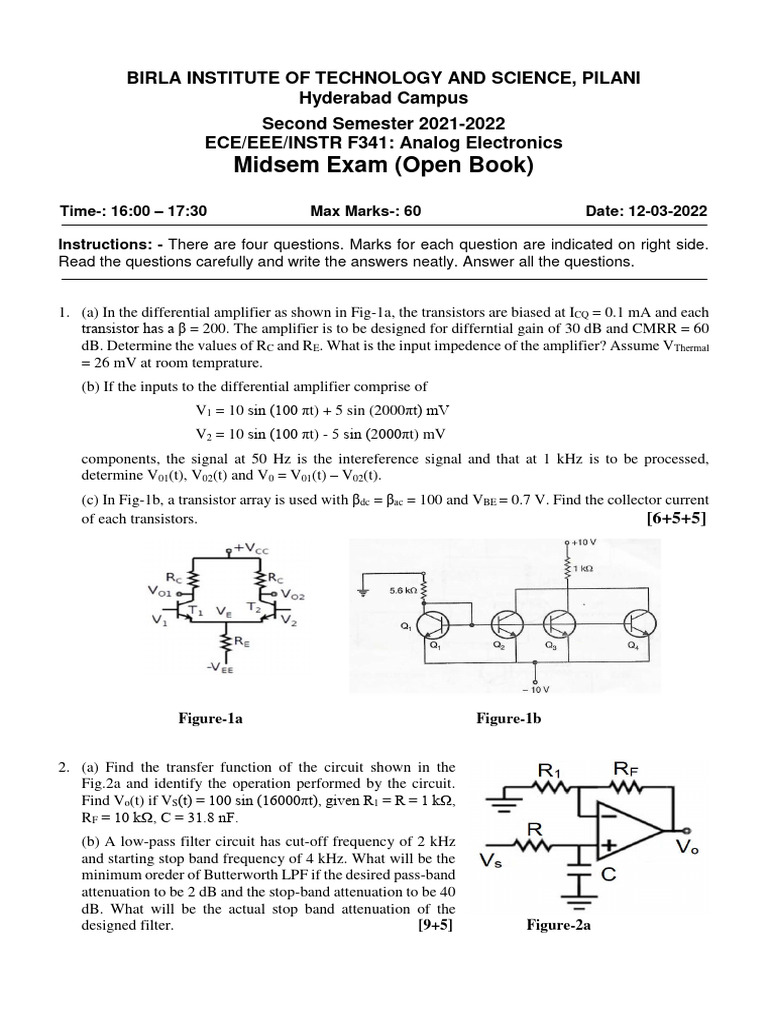 Midsem Exam (Open Book) | PDF | Amplifier | Electronic Filter