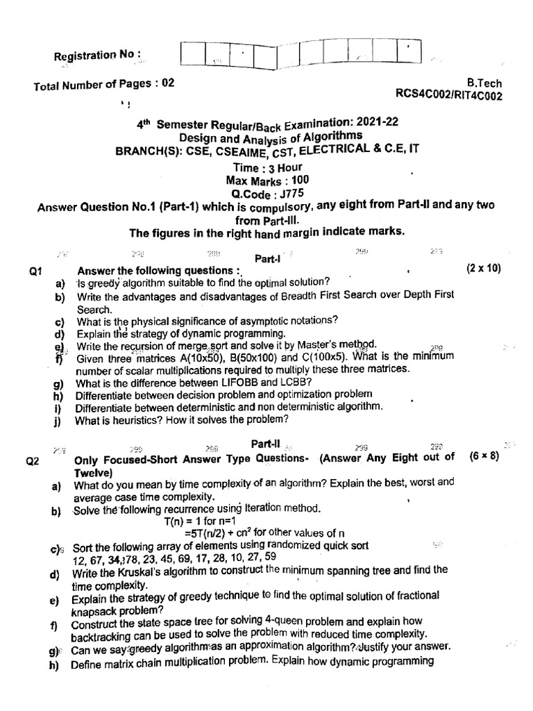 Btech 4 Sem Design And Analysis And Algorithms Rcs4c002 2022 Pdf 