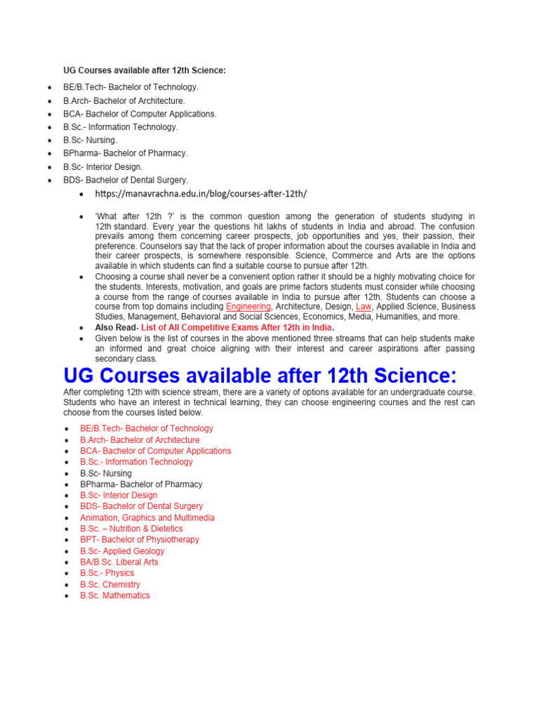 UG Courses Available After 12th Science | PDF | Bachelor's Degree ...