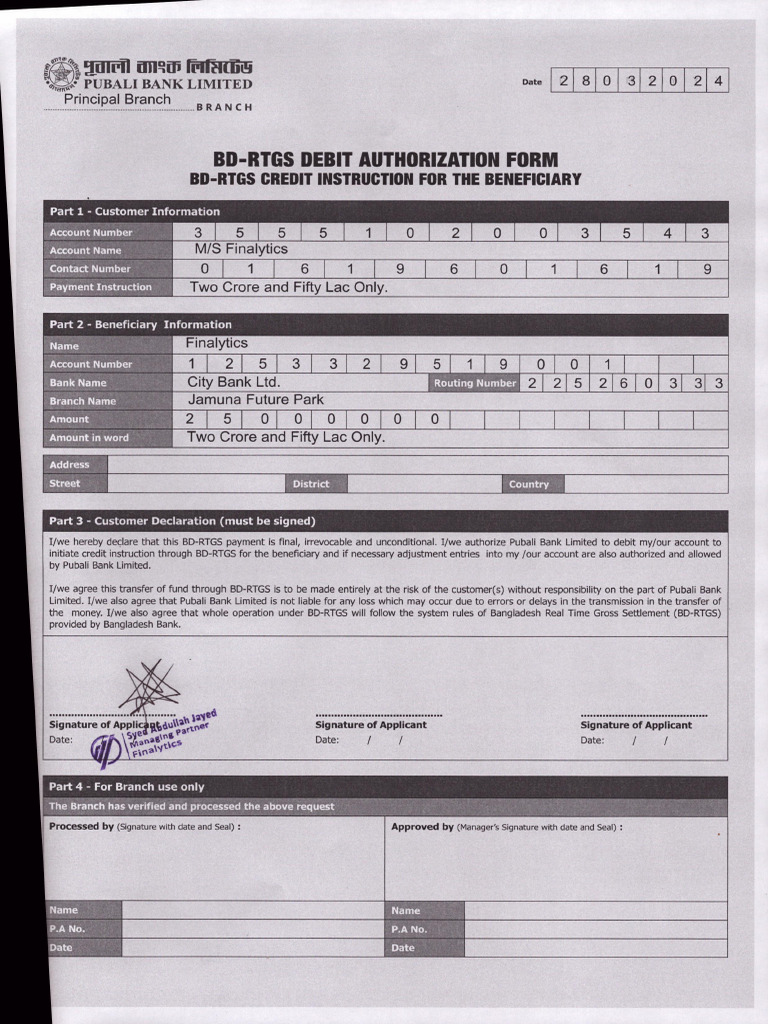 Pubali Bank RTGS Request City Bank | PDF