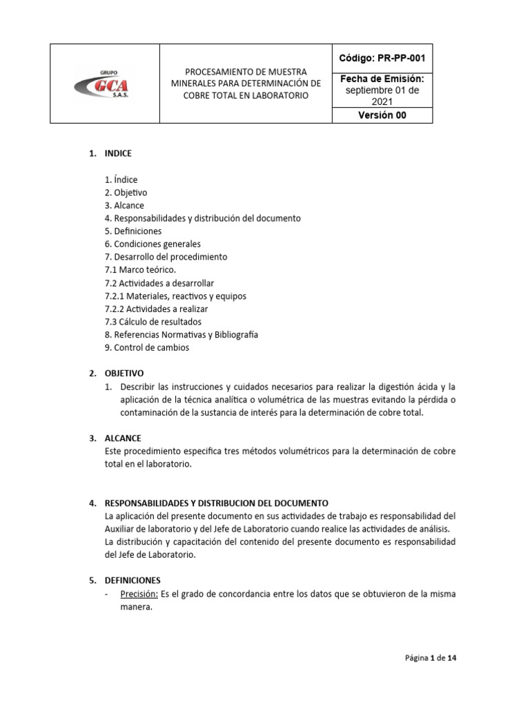 Procedimiento Para Determinar Cobre Mediante Digestión Ácida (Formato Gca_) | PDF | Valoración ...