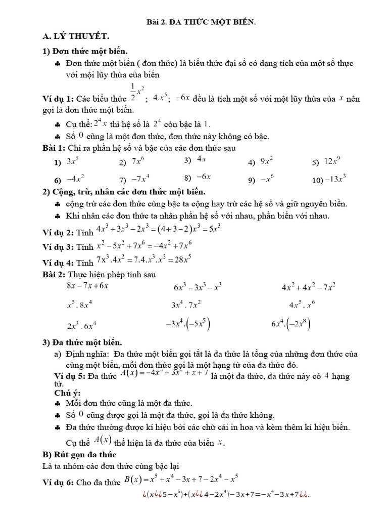 Co Ban Toan 7 Chuong 7 Bieu Thuc Dai So Va Da Thuc Mot Bien | PDF