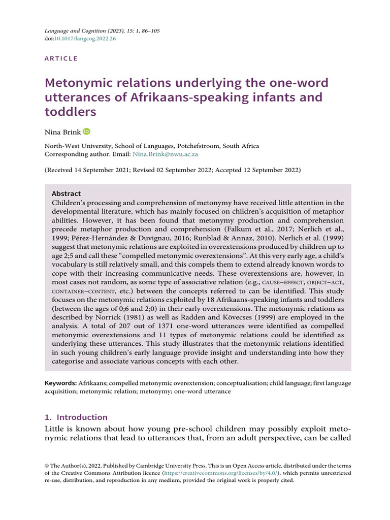 Metonymic Relations Underlying The One-Word Utterances of Afrikaans ...