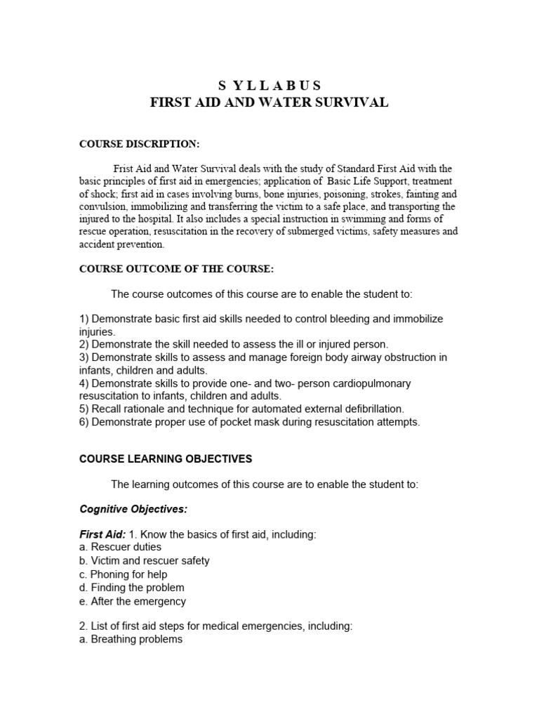 First Aid and Water Safety Syllabus | PDF | First Aid | Cardiopulmonary ...