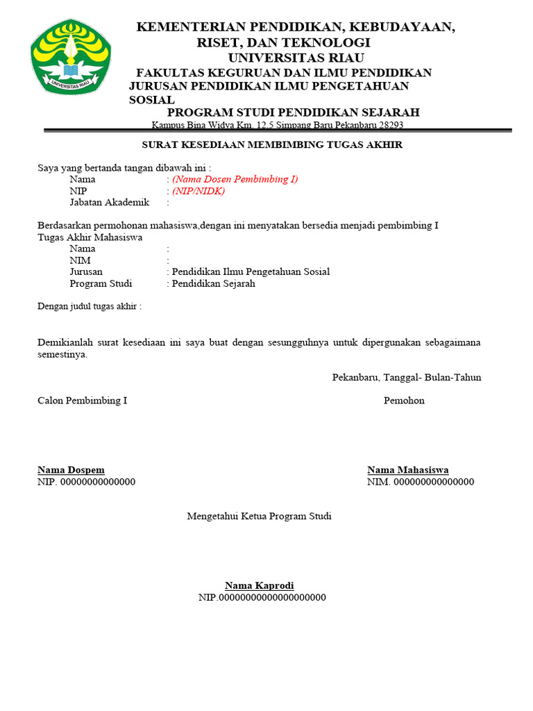 04 Format Surat Kesediaan Membimbing Tugas Akhir | PDF | Ilmu Sosial