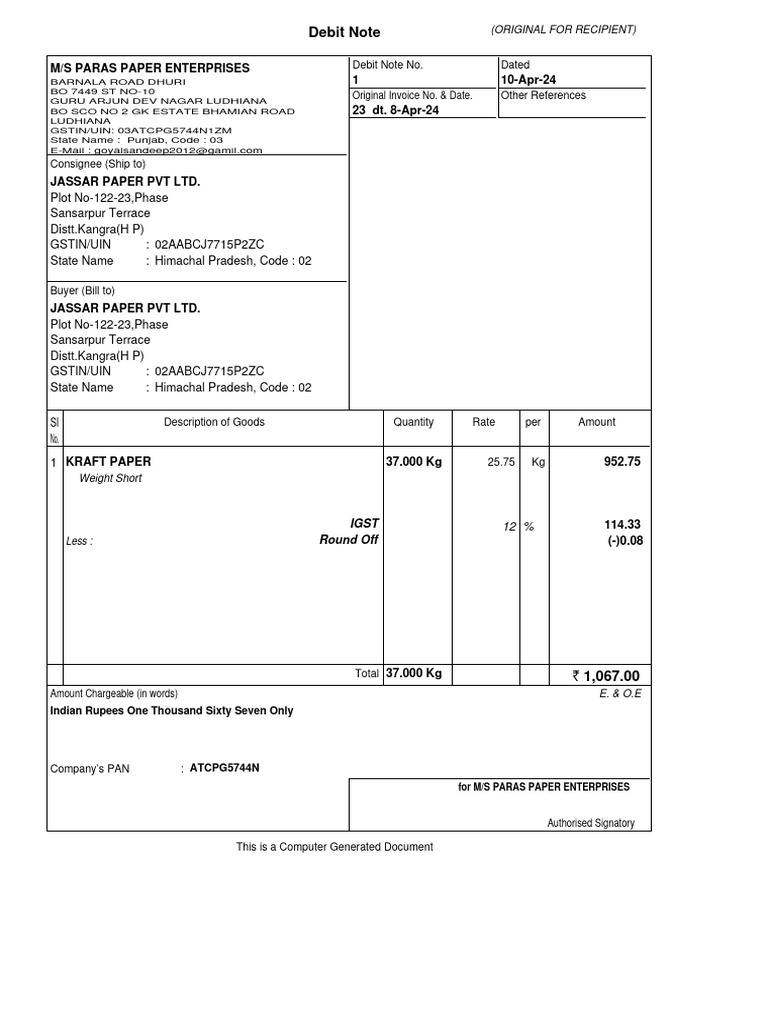Debit Note for Kraft Paper Transaction | PDF
