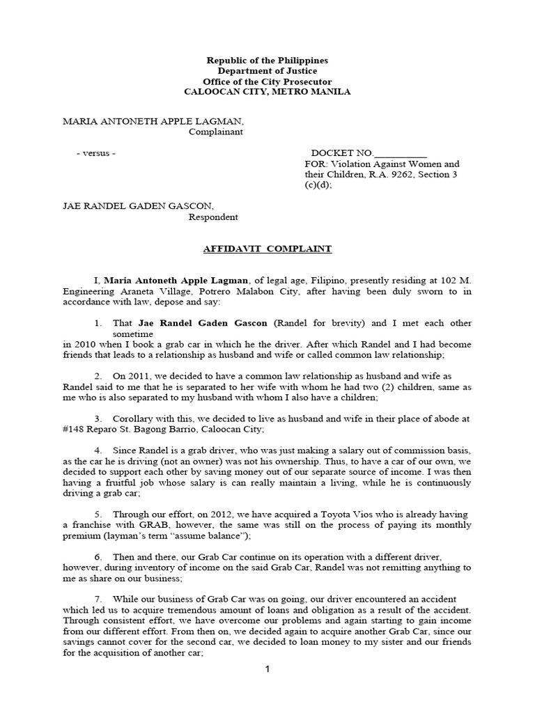 Complaint Affidavit Vawc | PDF | Affidavit