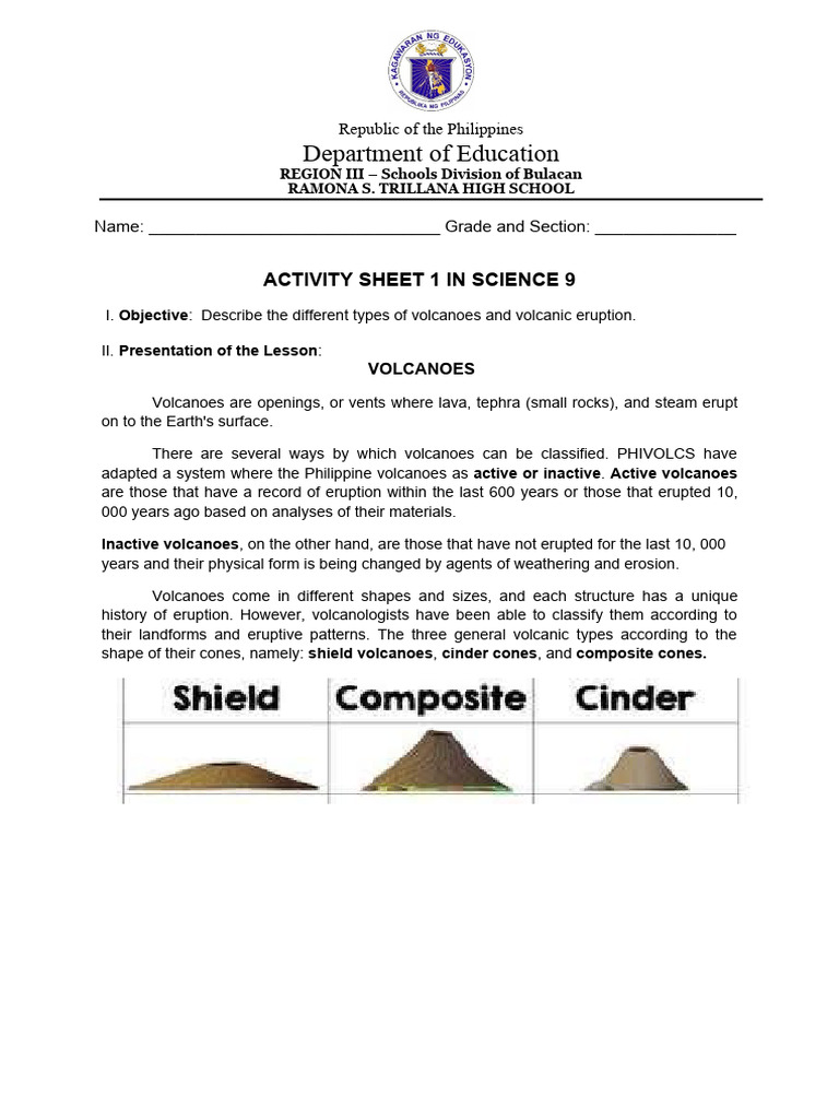 Activity Sheet 1 - Volcanoes | PDF | Types Of Volcanic Eruptions | Volcano
