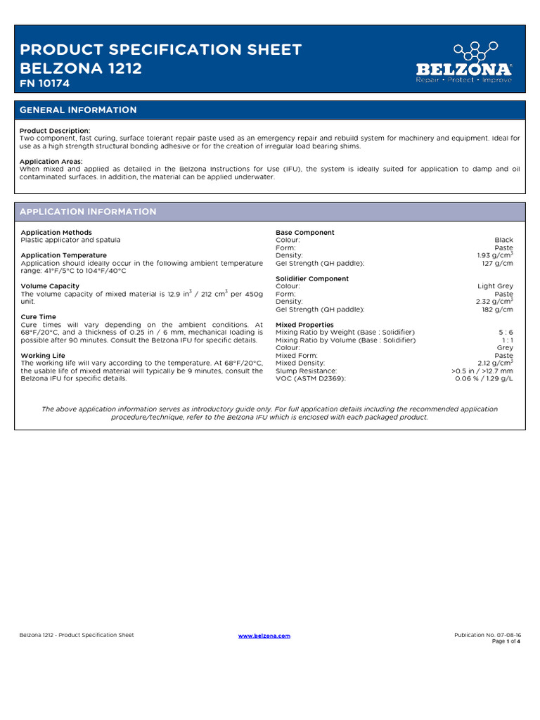 Belzona 1212 Product Specifications | PDF | Density | Pascal (Unit)
