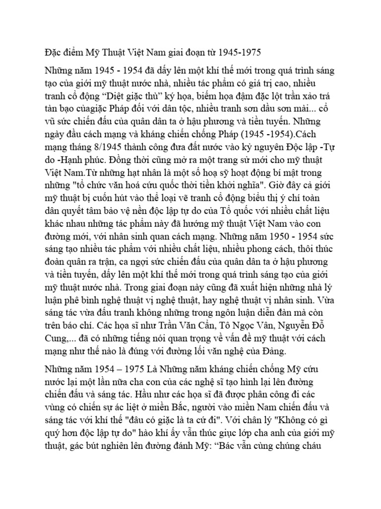 Đặc điểm Mỹ Thuật Việt Nam giai đoạn từ 1945 đến 1975 | PDF