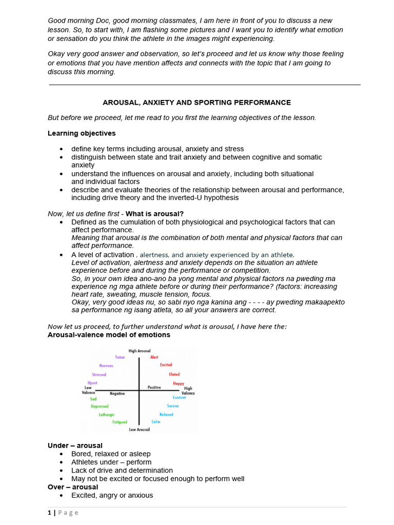 W - Explanation Anxiety, Arousal and Sporting Performance - Final | PDF ...