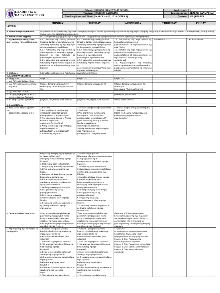 DLL - Araling Panlipunan 5 - Q3 - W8 | PDF