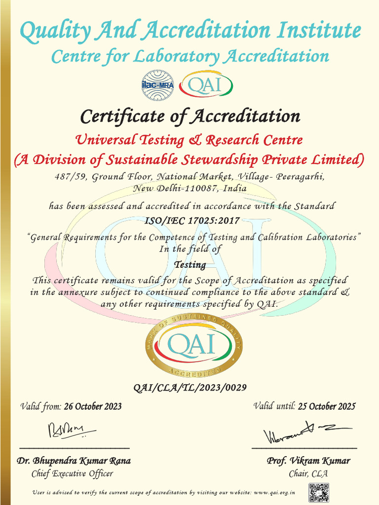 ISO 17025-2017 (QAI Accrediation Certificate and Scope) | PDF
