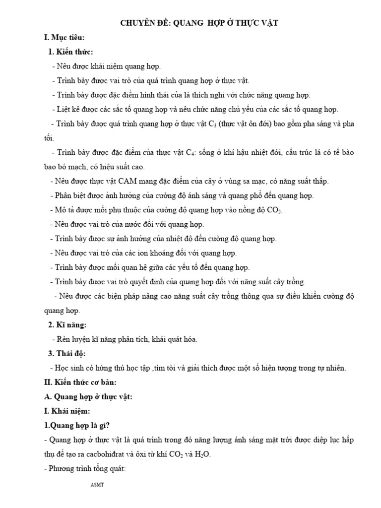 Chuyen de On Thi Tot Nghiep THPT Mon Sinh Hoc Chuyen de Quang Hop o Thuc Vat | PDF