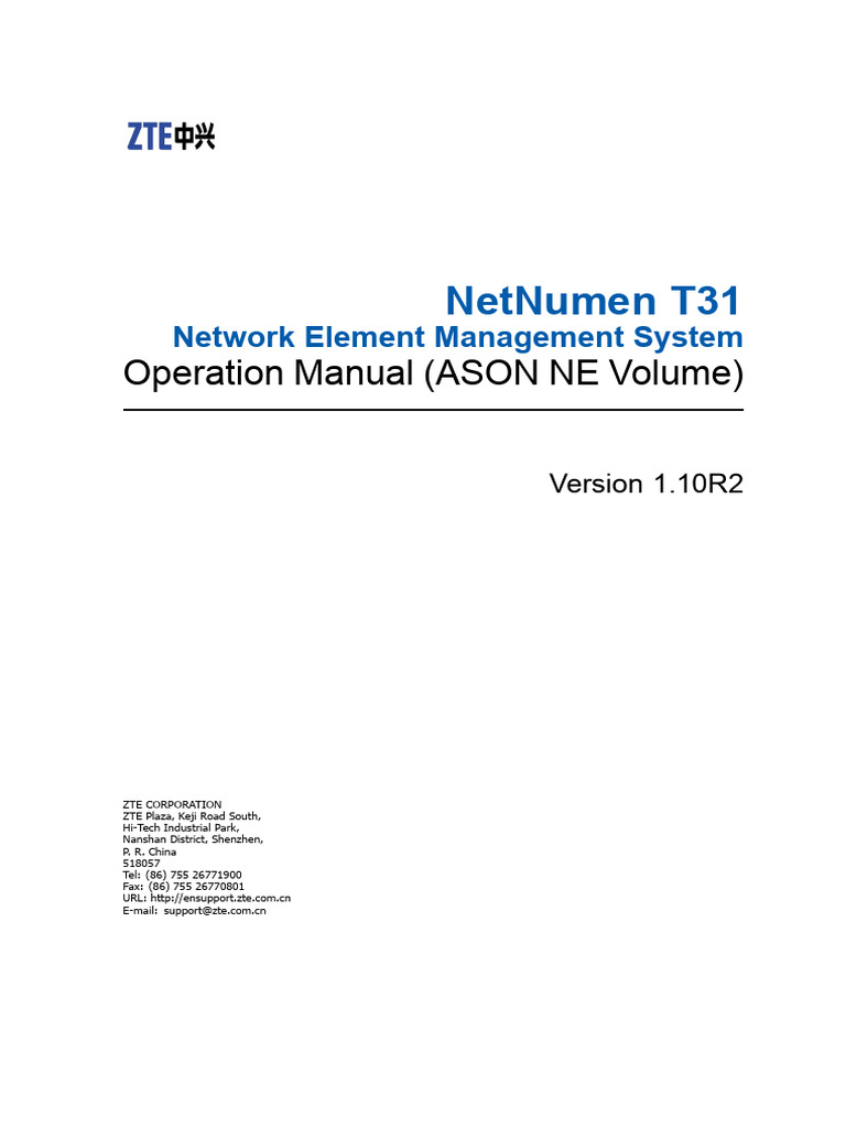 NetNumen T31 (V1 (1) .10R2) Network Element Management System Operation Manual (ASON NE Volume ...