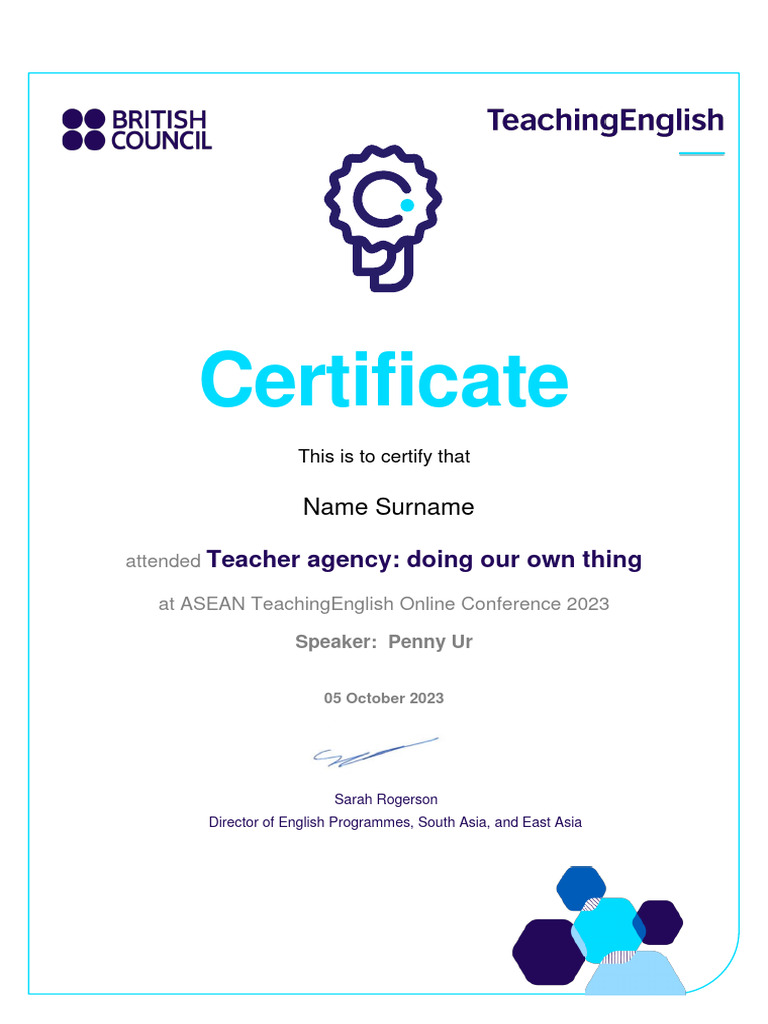 ASEAN TeachingEnglish 2023 Certificate | PDF | Career & Growth ...