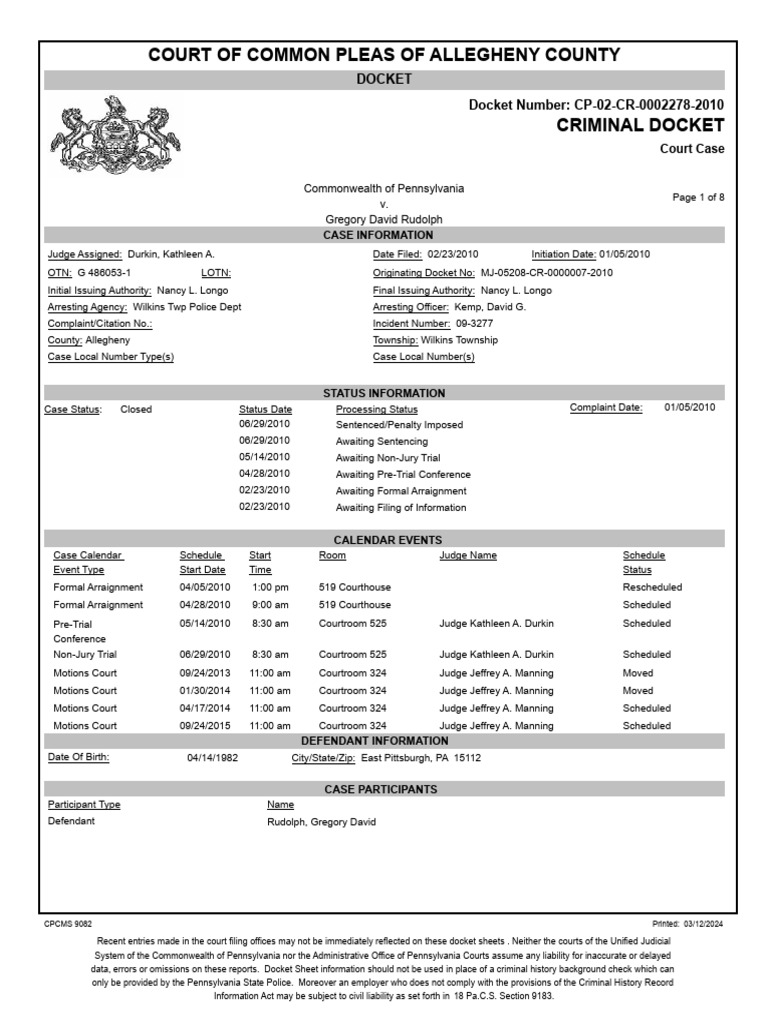 Greg Rudolph Conviction Docket Sheet | PDF | Bail | Criminal Record