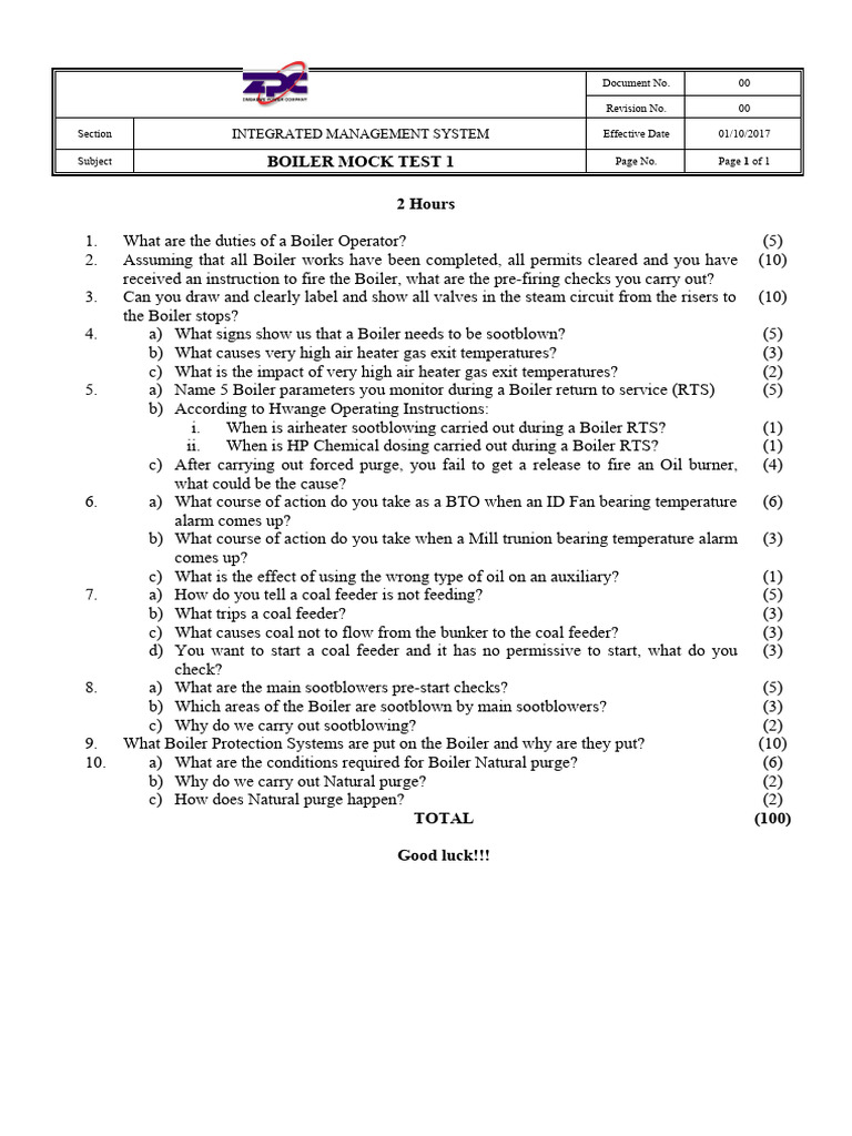 Boiler Mock Test 1 | PDF | Boiler | Power (Physics)