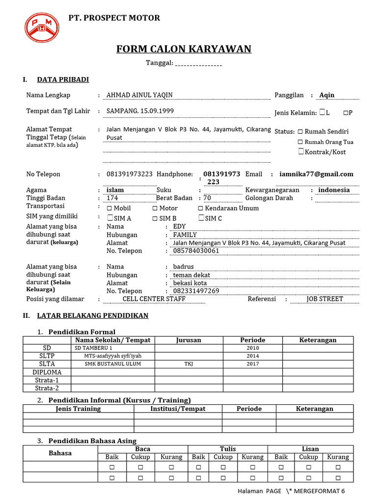 Form Calon Karyawan | PDF