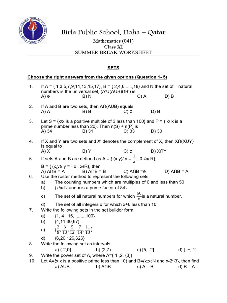 XI - MATH - Holiday Assignment - 2022 - 23 | PDF | Discrete Mathematics | Numbers