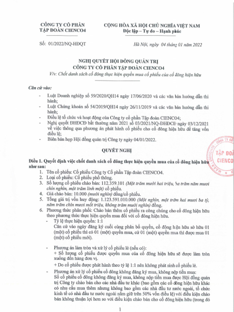 NQ01. Chot Ds Thuc Hien Quyen Mua CP Cua Co Dong Hien Huu | PDF