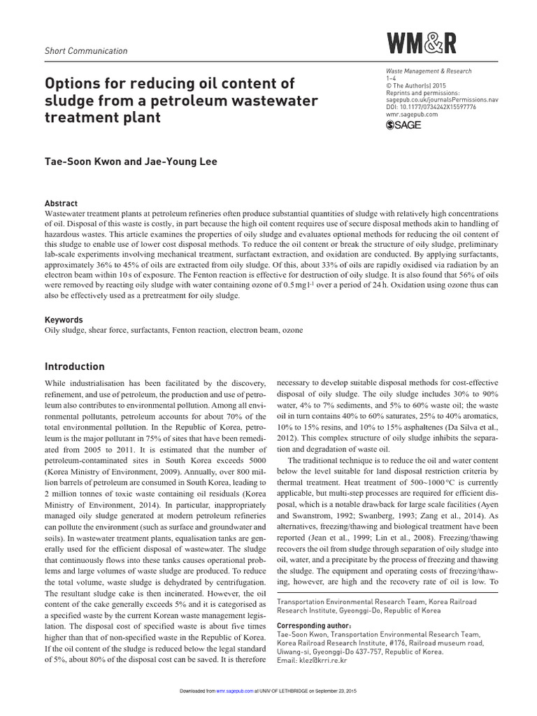 Options For Reducing Oil Content of Sludge From A Petroleum Wastewater ...