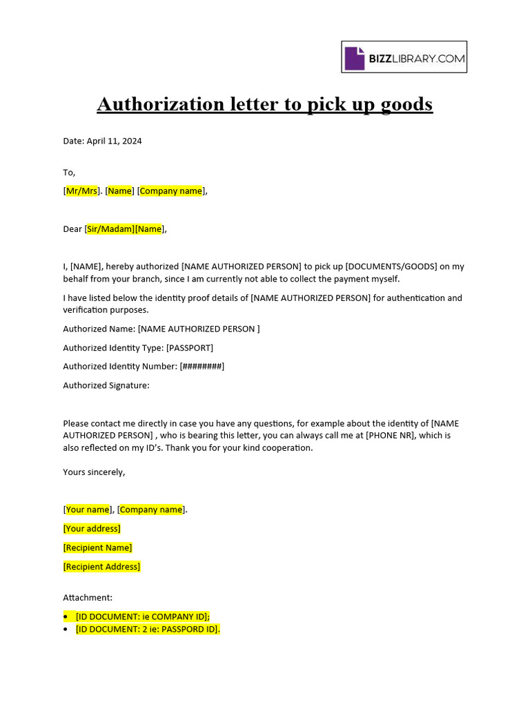 Authorization Letter for Goods Pickup | PDF