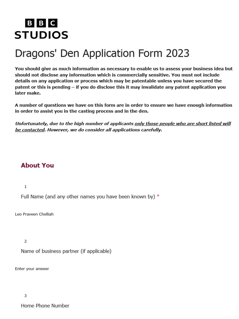 Dragons' Den Application Form 2023 | PDF | Privacy | Bbc