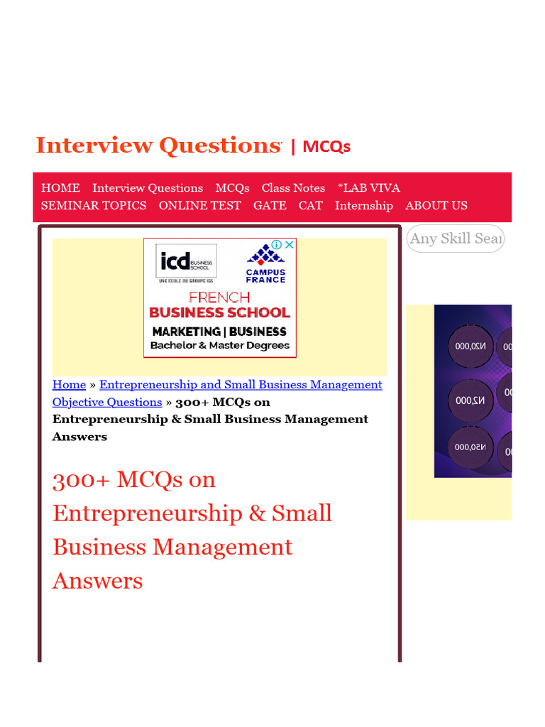 300+ MCQs On Entrepreneurship & Small Business Management Answers | PDF ...