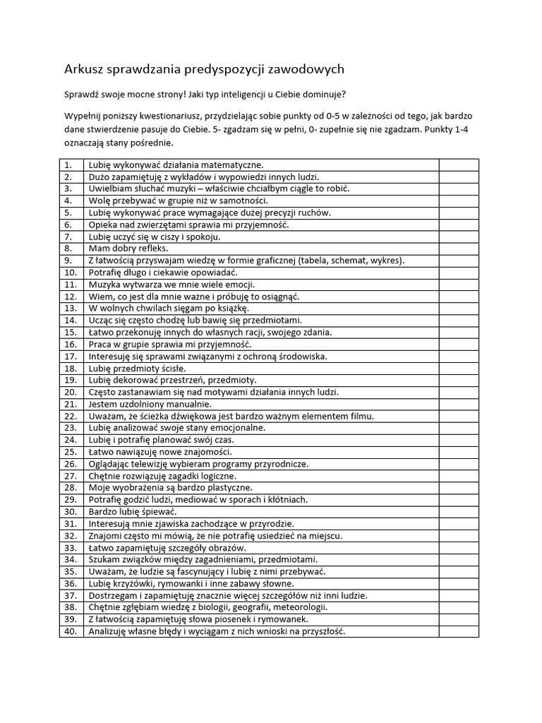 Predyspozycje Test | PDF