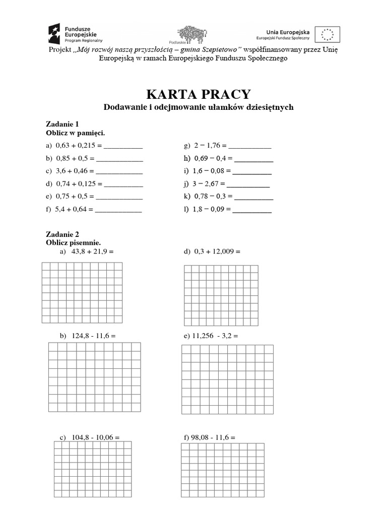 Karta Pracy Dodawanie I Odejmowanie Ulamkow Dziesietnych KL 5 | PDF