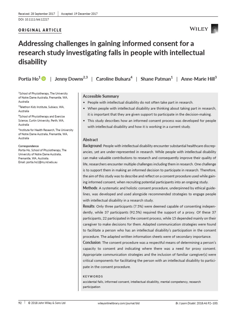 Informed Consent for Research in Intellectual Disability | PDF ...